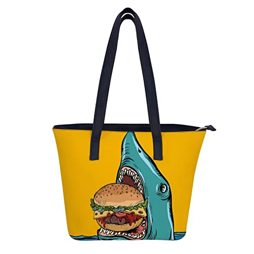 Hungry Shark Eating A Burger Women's Tote Bag PU Leather Shoulder Bag Handbags Purse For Work Shopping Travel