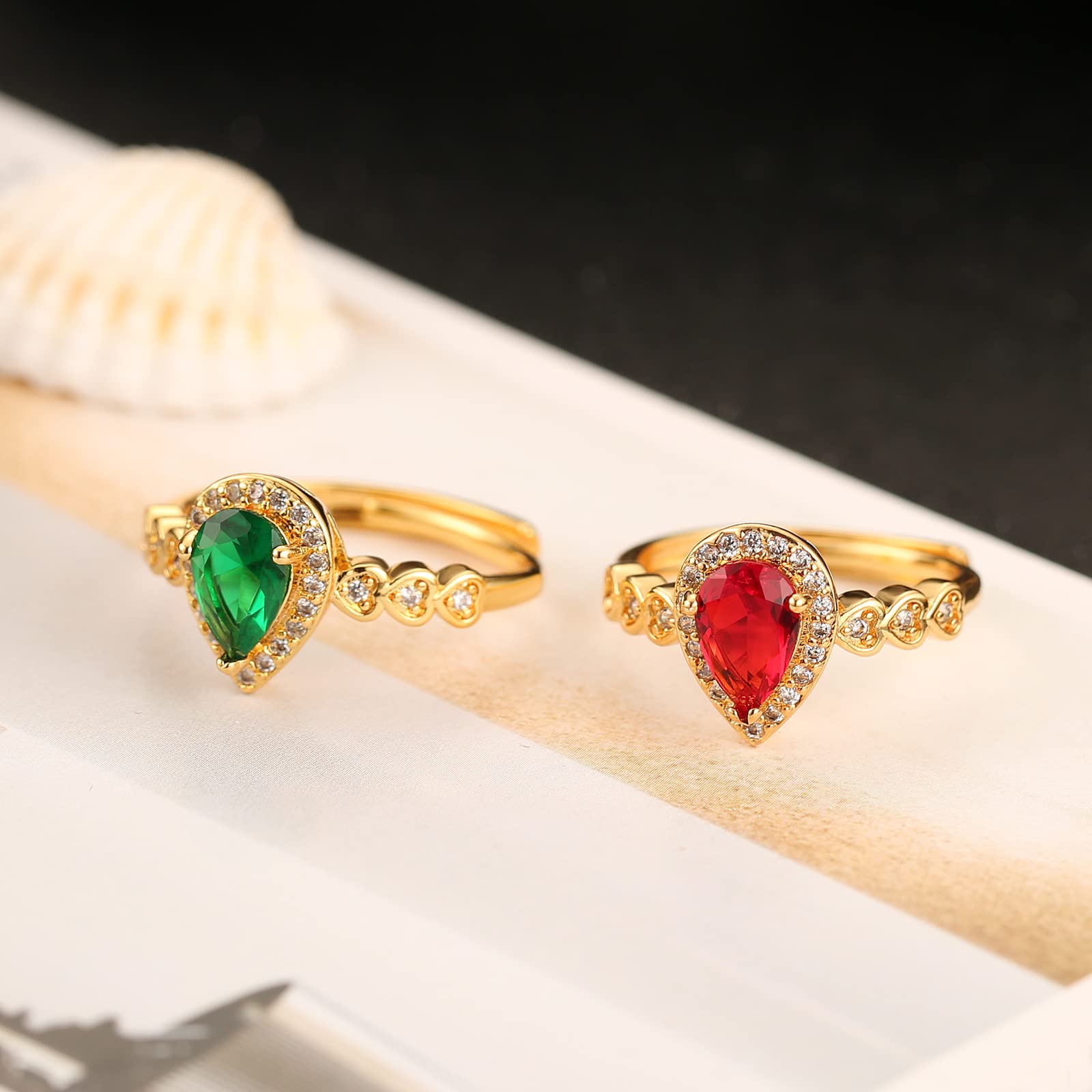 HZMAN Drop Shaped Red/Green CZ Diamond Cut Women's Ring Gold Plated Brass Adjustable Commitment Couple Thumb Pinkie Ring