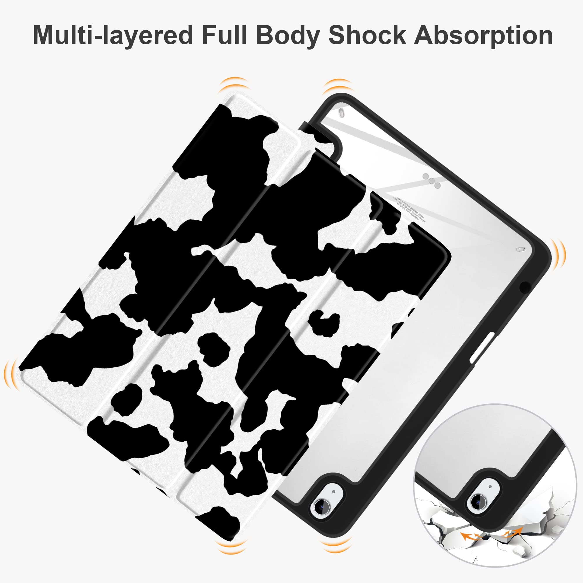 MEEgoodo for iPad 10th Generation Case 10.9 inch 2022, Tablet Cases with Clear Back & TPU Shockproof Frame Cover, Kids Shell with Trifold Stand+Pencil Holder+Auto Wake/Sleep, Black & White Piebald