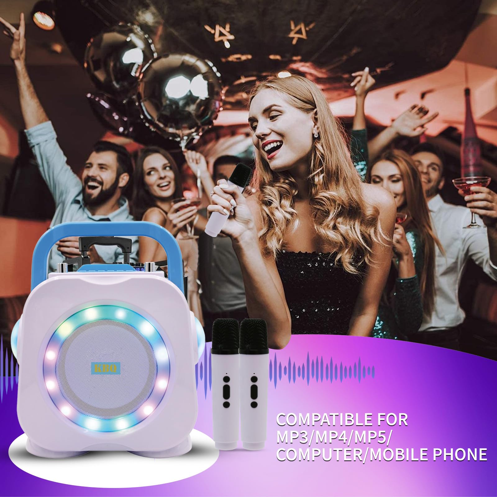 KBQ Kids Karaoke Machine with 2 Microphones, Bluetooth Portable Wireless Karaoke Speaker Player Home Karaoke System for Children and Adults (Blue)