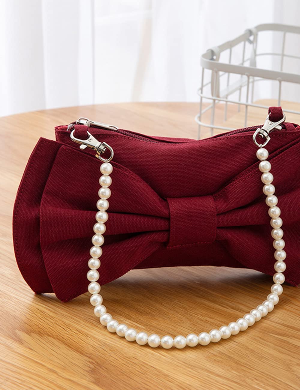 JENLING Red Bow Mini Shoulder Purse Clutch Bag for Women with Pearl Chain (Burgundy)
