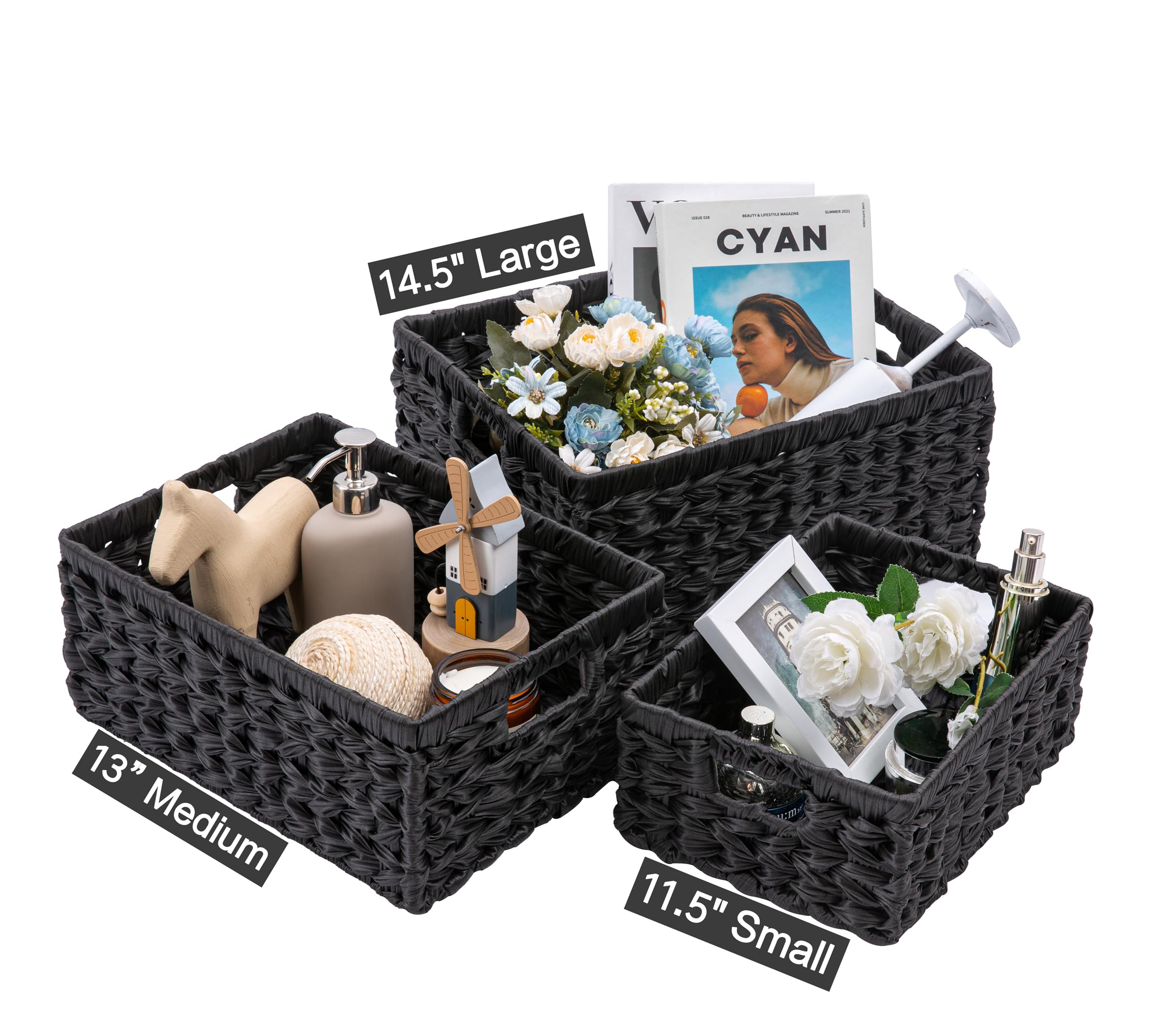 Homepeaz Set of 3 Wicker Storage Baskets, Decorative Baskets With Built-in Handles, Multipurpose Nesting Countertop Baskets for Shelves, Pantry, Kitchen Organizers, Bathroom, Toilet, Closet (Black)
