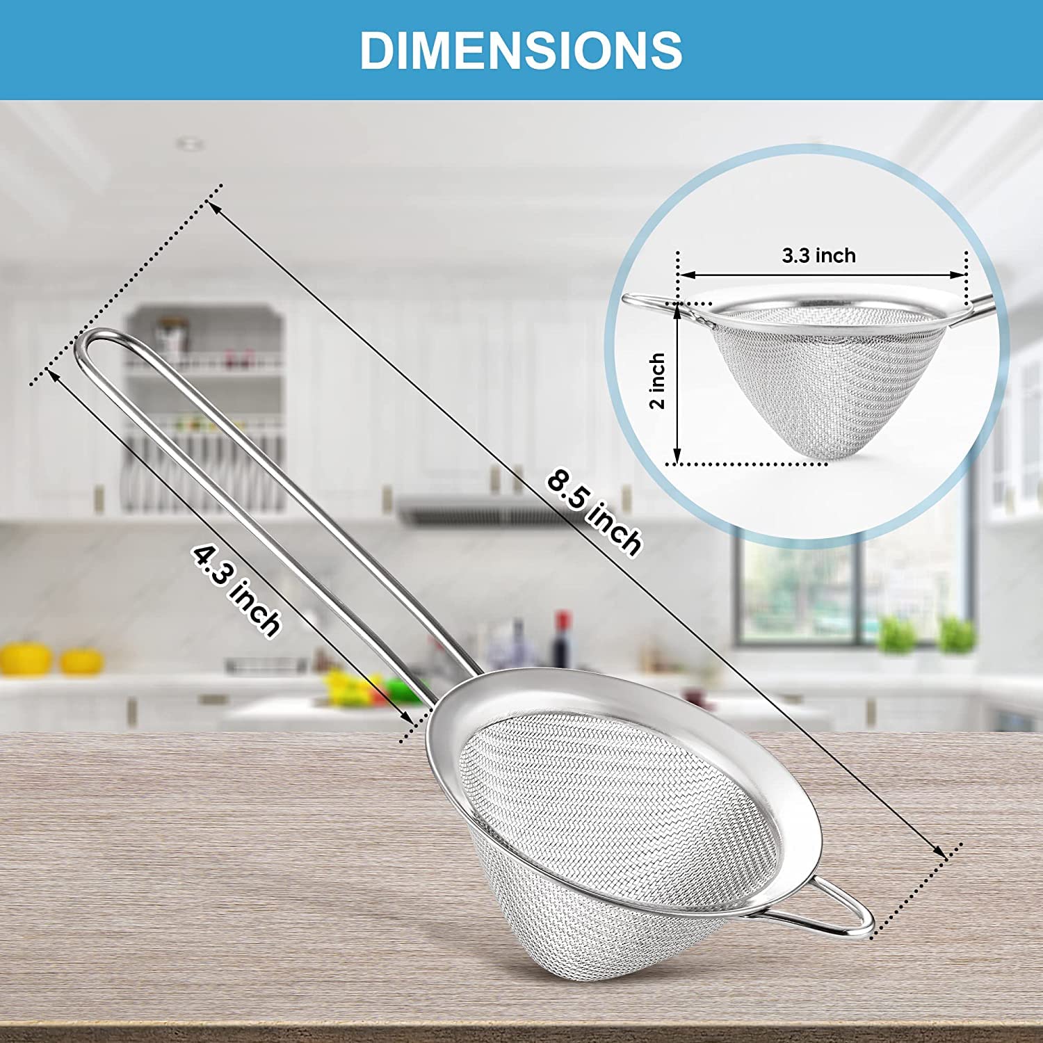 Kafoor Fine Mesh Strainer - 3.3 Inch Conical Sieve - Tea Strainers for Loose Tea, Coffee Strainer, Food Strainer, Juice Strainer, and Much More! (Simple Handle)