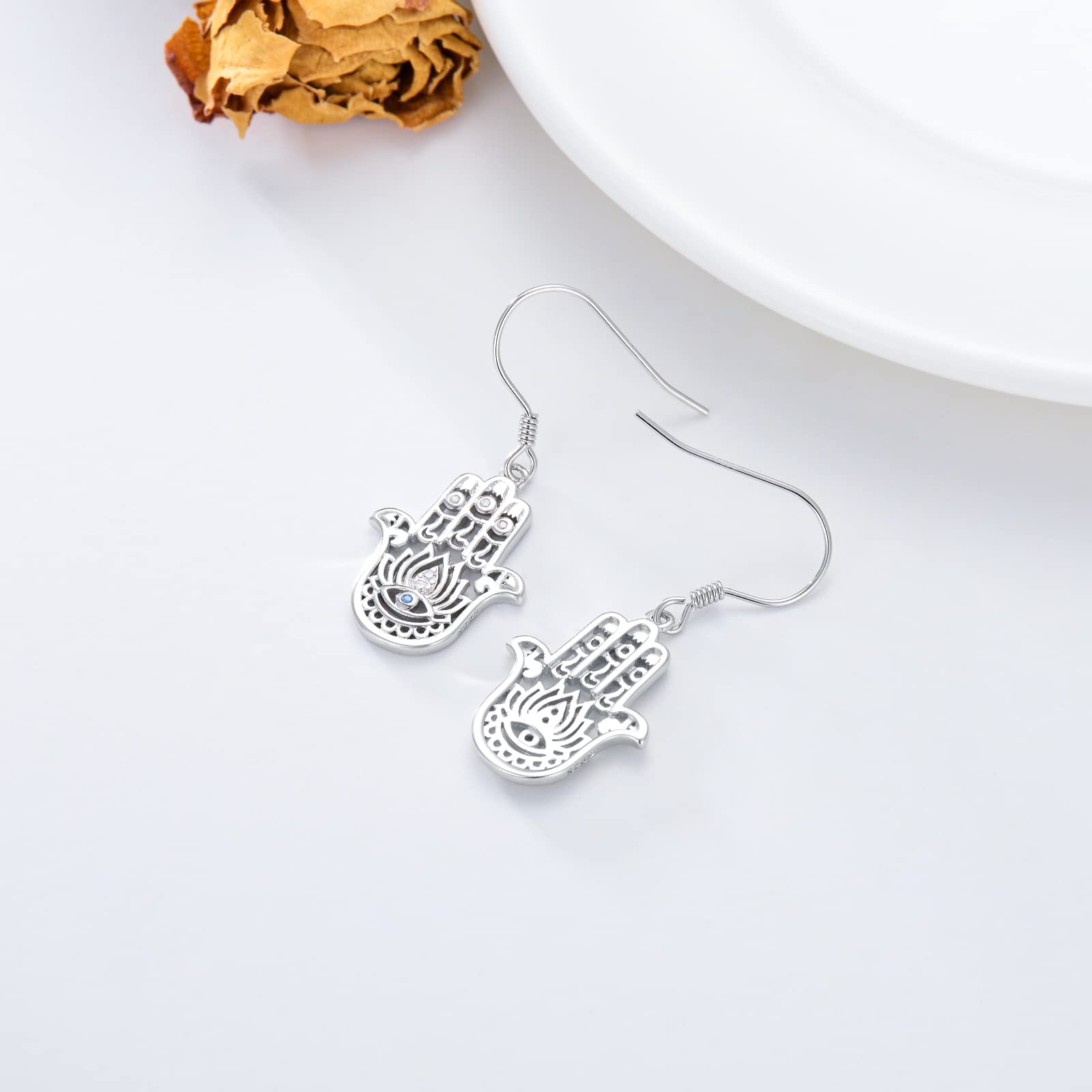 Hamsa Earrings 925 Sterling Silver Fatima Evil Eye Hamsa Hand Dangle Earring