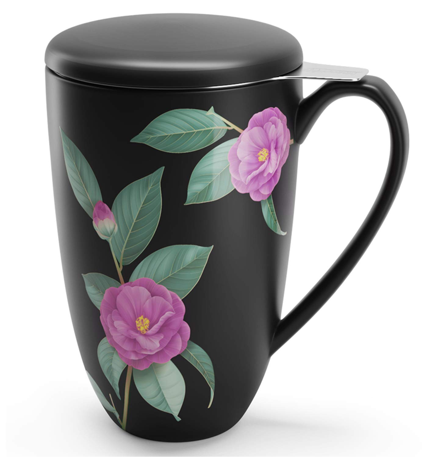 immaculife Tea Cup with Infuser and Lid Ceramic Tea Mug with Lid Teaware with Filter 16oz, Black Floral Print
