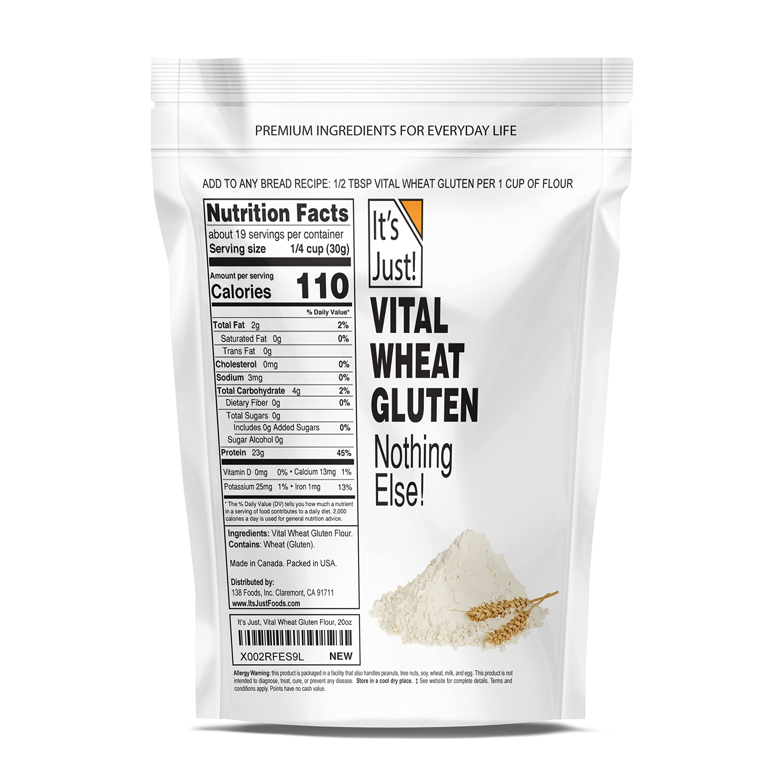 It's Just - Vital Wheat Gluten Flour, High Protein, Make Seitan, Low Carb Bread, 20oz