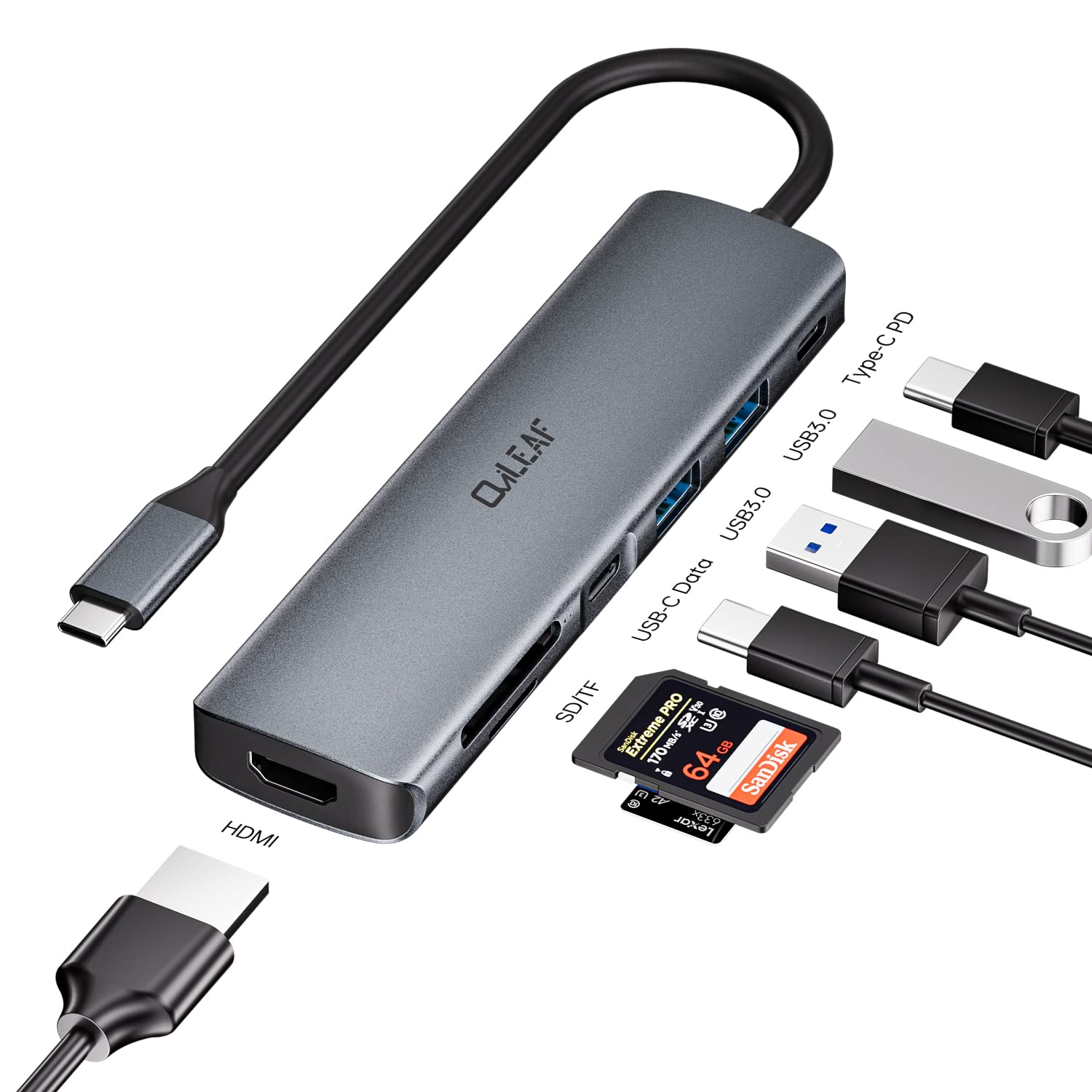 Ovileaf 7 in 1 USB-C Hub - Multiport Adapter with 2 USB 3.0, USB-C, 100W PD, SD/TF Card Reader, 4K HDMI, Docking Station for MacBook, iPad Pro, Windows & Switch