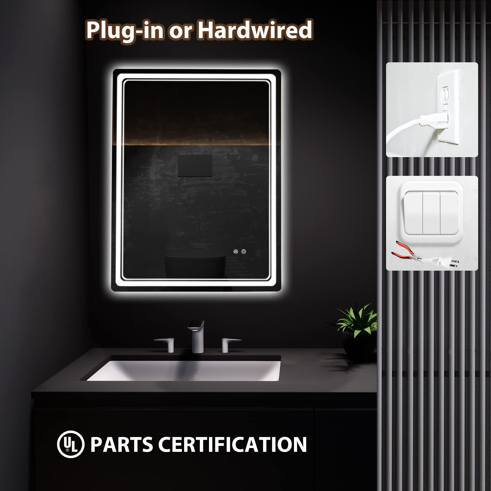 HOMECOOKIN Wall Mount 20x28 inches LED Mirror, Bathroom, Rectangular, Aluminum, Modern, Anti-Fog, Adjustable 3 Colors, Backlit