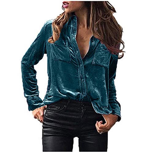 Hopwin Women's Fashion Long Sleeve Velvet Shirt, Tunic Tees Casual Button Down Trench Coat, V Neck Solid Color Comfy Soft Blouse with Pockets