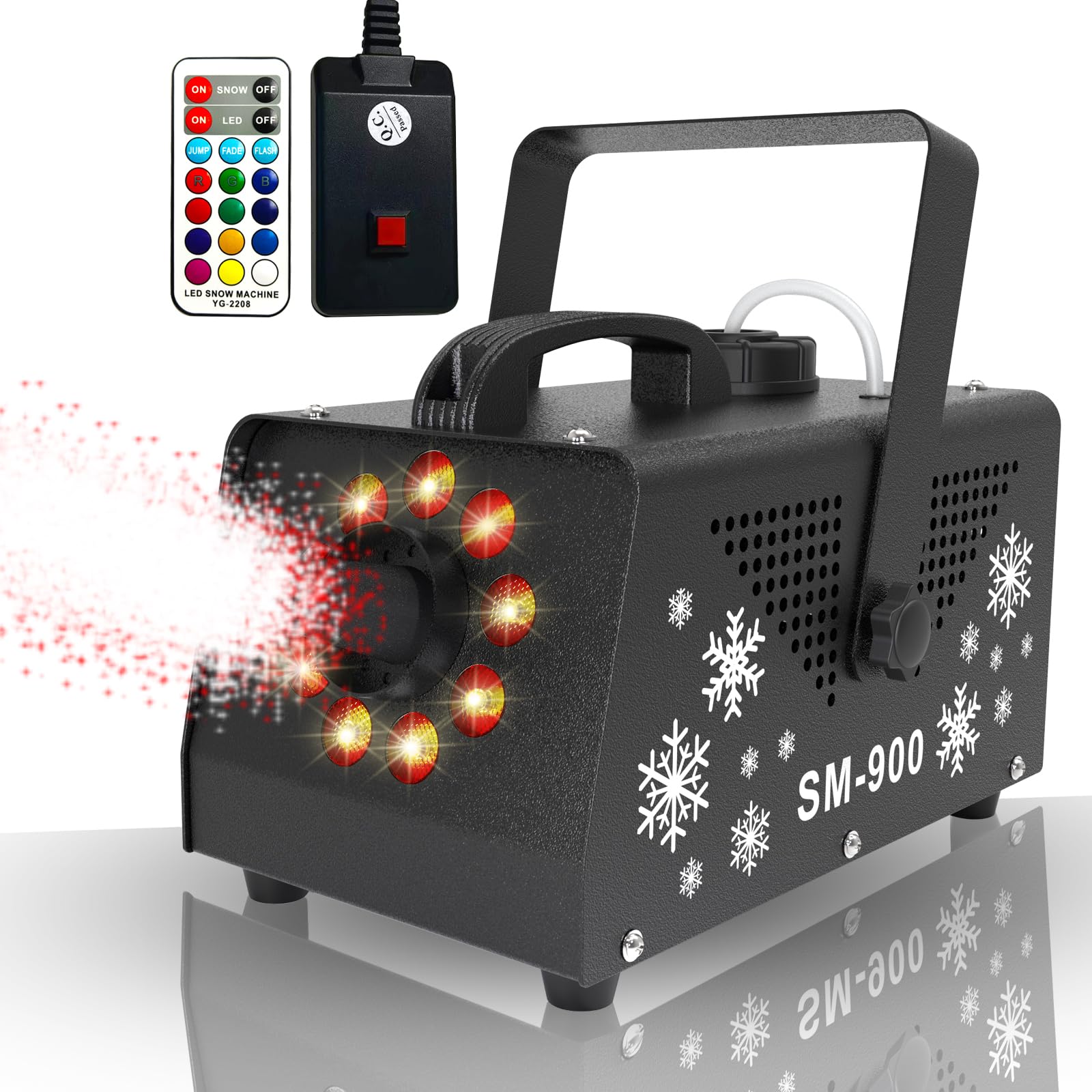 IMONE 900W Christmas Snow Machine with 9 Lights,High Output Fake Snow Machine with Remote,Foam Snow Machine Indoor, Outdoor Snow Making Machine,Snow Maker Machine,Snowflake Machine for Parade,Party