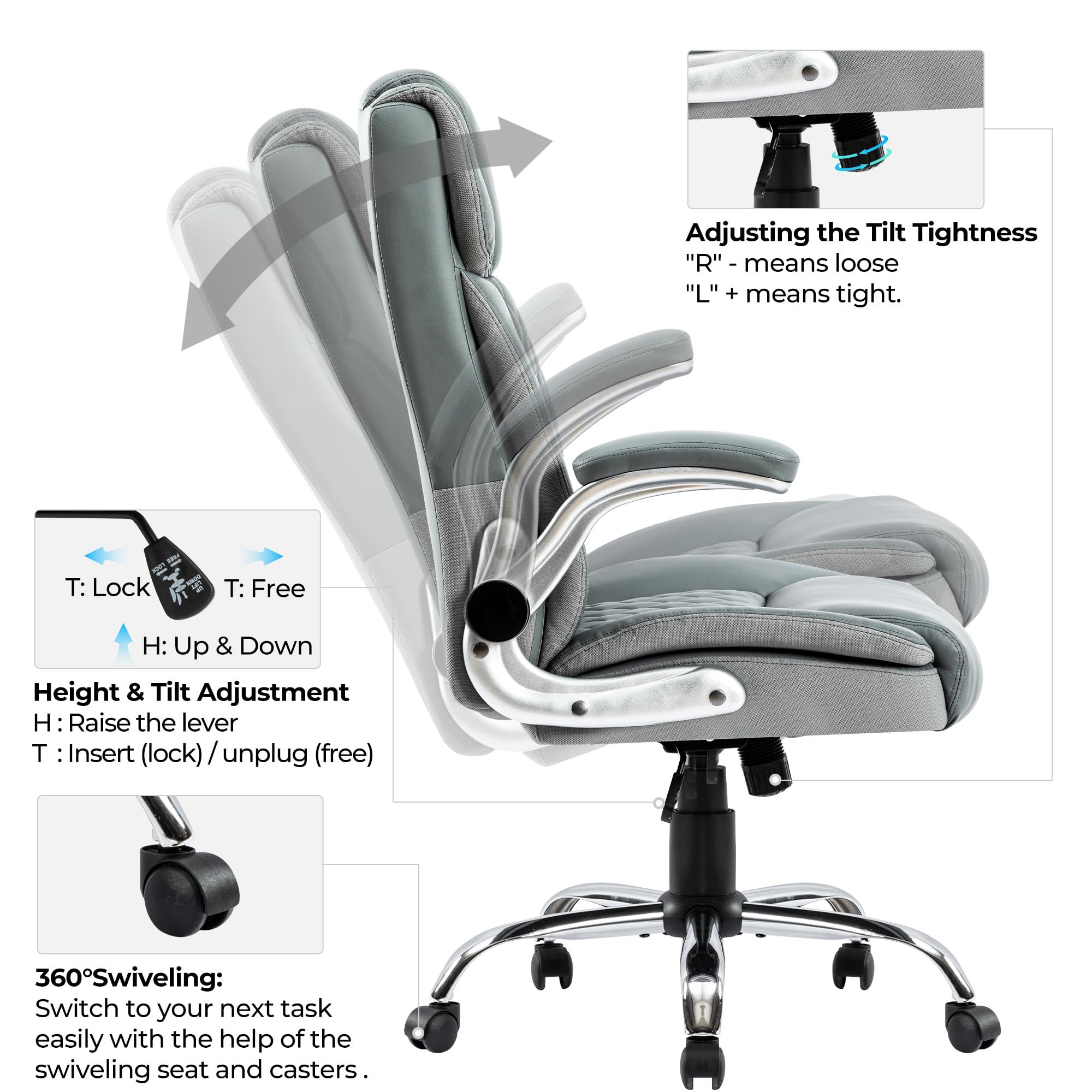 HOMYEDAMIC High Back Ergonomic Office Chair, Flip Arms Big & Tall Executive Swivel PU Bonded Leather Computer Chairs Adjustable Tilt Angle, Wide Thick Seat, Design for Back Pain (7011-Grey)