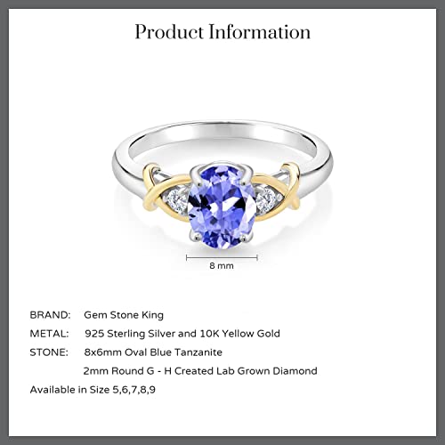 Gem Stone King 10K Yellow Gold and 925 Sterling Silver Blue Tanzanite and White Lab Grown Diamond Ring For Women (1.24 Cttw, December Gemstone Birthstone, Available in Size 5,6,7,8,9)