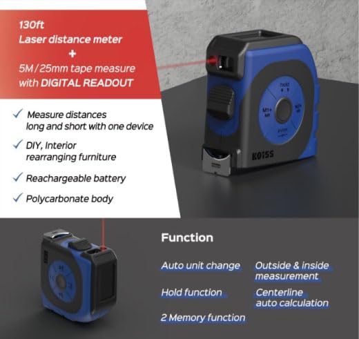 KOISS K4TM 3-in-1 Digital Measuring Tape with Laser, 130FT Laser Measurement Tool, 16FT Tape Measure, Real Time Digital Screen with Backlight, 3 Memory Functions, Rechargeable Battery