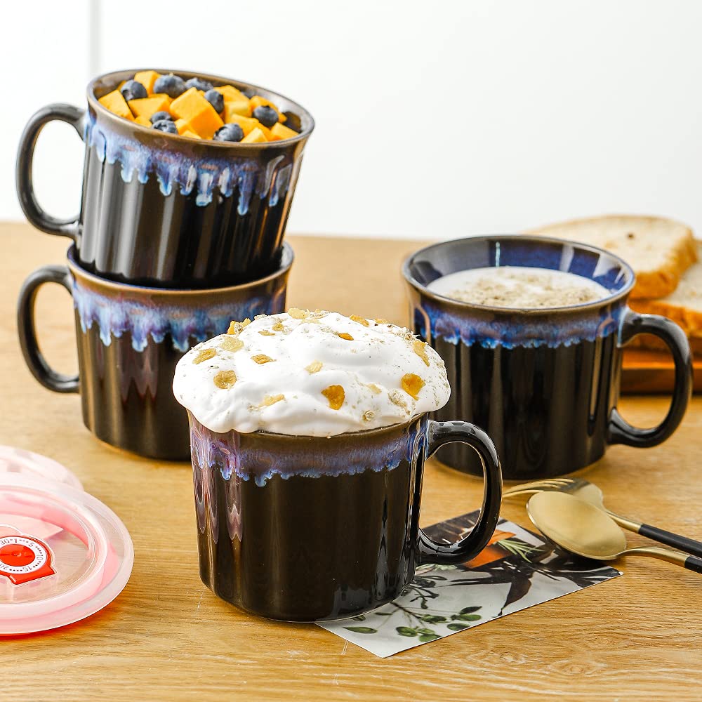 KOOV 20 Ounce Soup Mugs with Handles and Lids Microwave Safe, Ceramic Soup Bowls with Lids, Large Meal Mug Set of 4, Reactive Glaze (Nebula Blue)