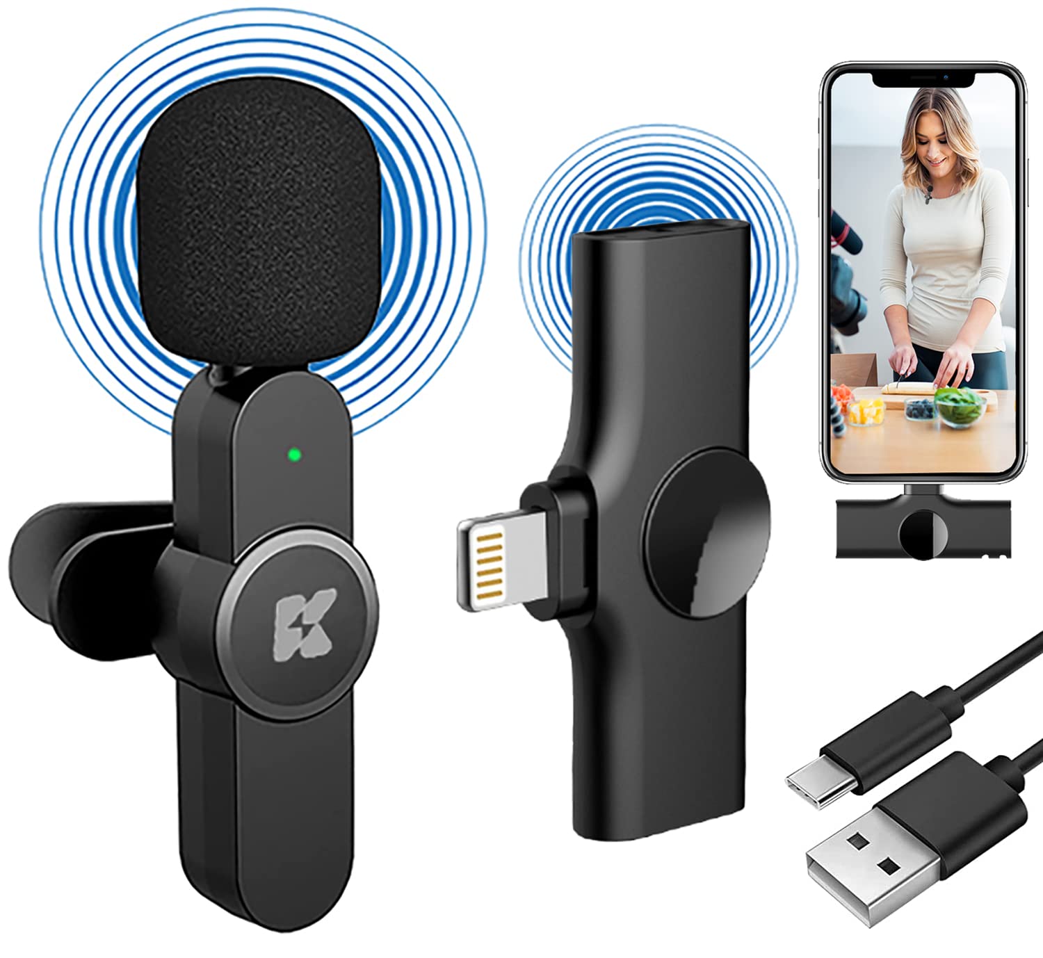 KDMLR Wireless Lavalier Microphone for iPhone Android PC Plug-Play Wireless Mic for Recording, Live Stream, YouTube,Facebook,TikTok,Clip-on Lapel Mini Mic with Noise Reduction and Auto Syncc.…