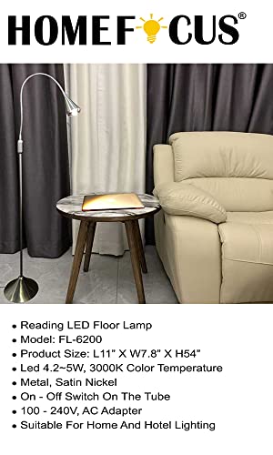 HomeFocus - LED Floor Lamp, Floor Lamp,Floor Light,Eye-Caring,Floor Lamp for Living Room,Bedroom,Metal,Satin Nickel,Flexible Gooseneck,LED 5W,3000K,Warm White Light,Energy Efficient Super Bright.