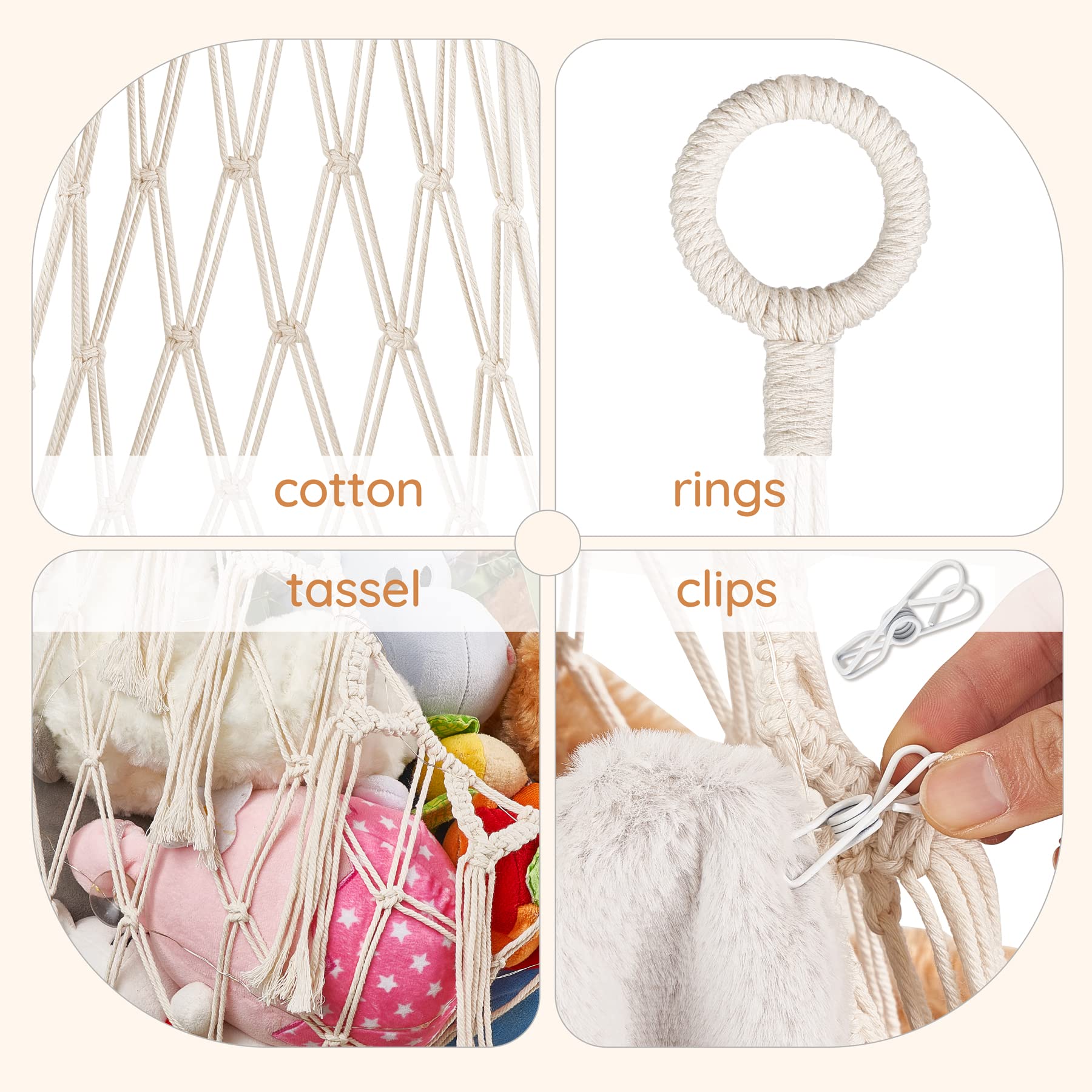 Mkono Stuffed Animal Net or Hammock Macrame One-Hook Hanging Toy Storage Holder for Stuffed Animals Boho Decor Plushies Display Organizer Wall and Ceiling Hanging Net for Nursery Kid Room Playroom