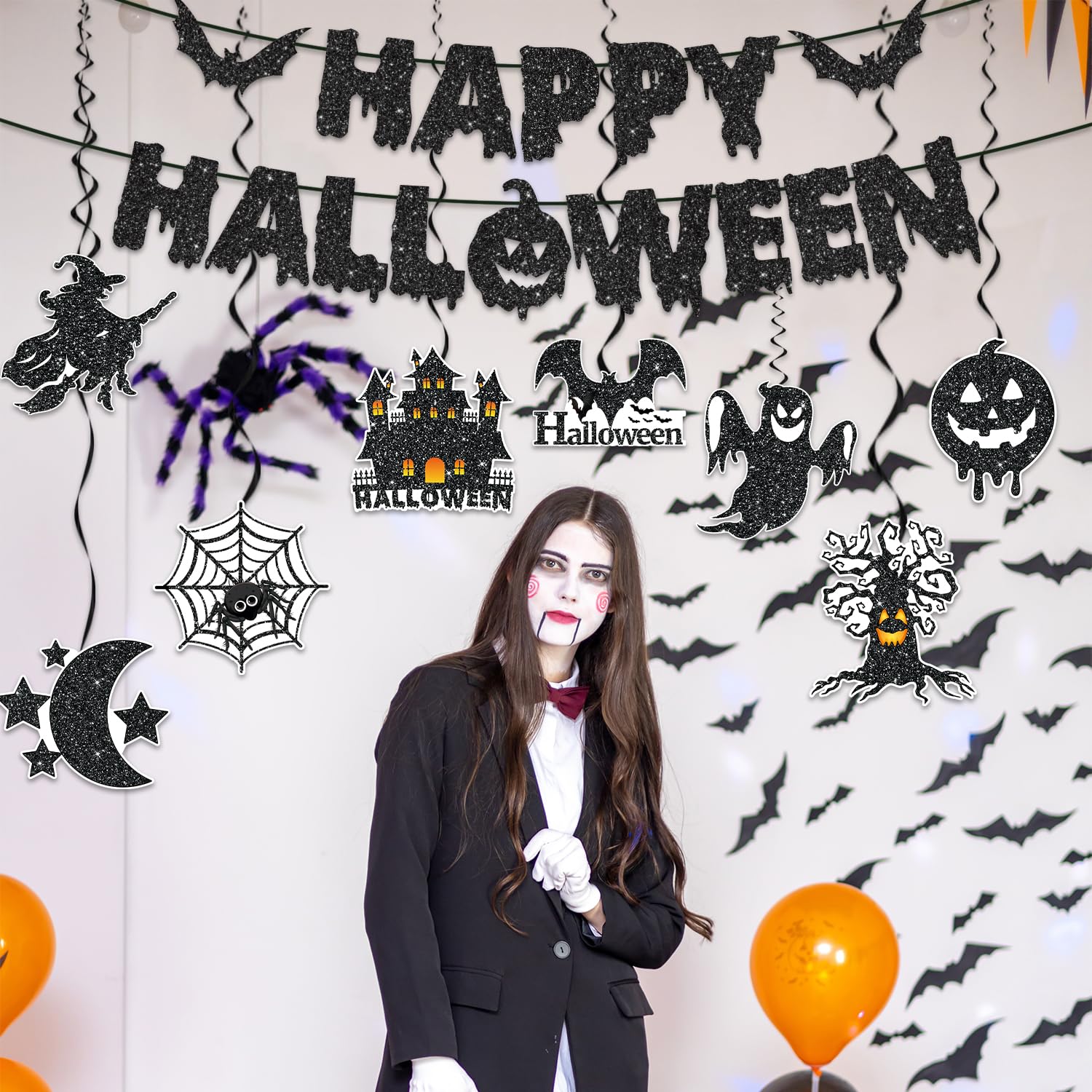 Halloween Office Decor, with 1psc No Diy Happy Halloween Banner and 8pcs Halloween Hanging Decorations Swirl, Halloween Decorations for Office, Happy Halloween Decorations