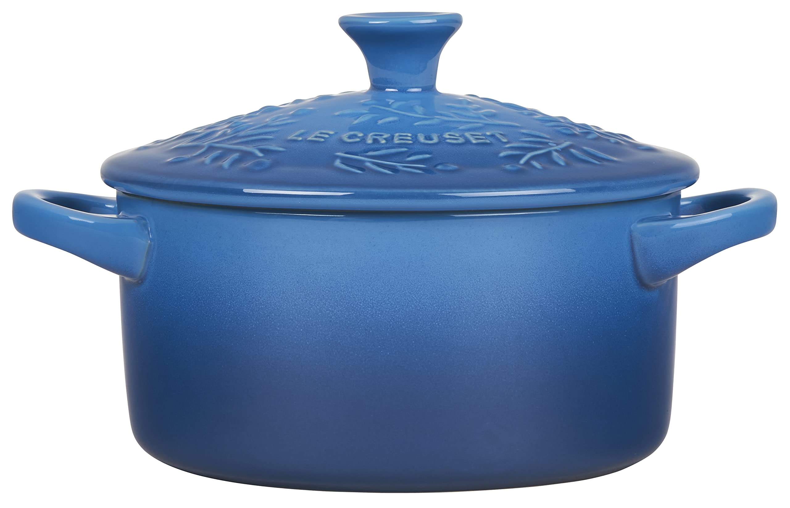 Le Creuset Olive Branch Collection Stoneware Mini Round Cocotte, 24 oz., Marseille with Embossed Lid