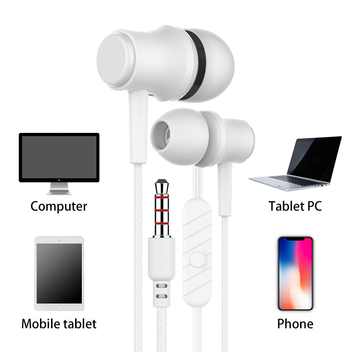 LASPUC 3.5mm in-Ear Earbud Headphones with Built-in Microphone Wired Stereo for Laptop Smartphones(1xRed+1xBlue)