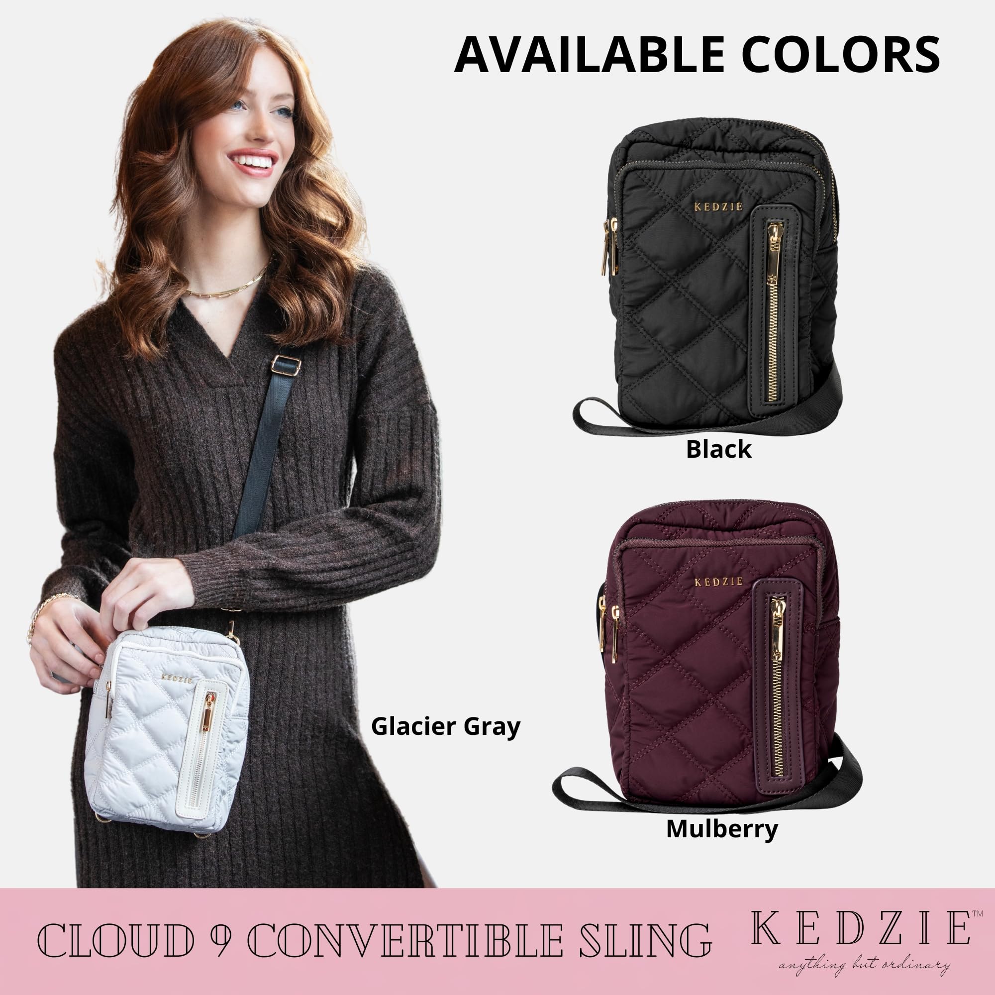 KEDZIE Quilted Puffer Crossbody Bag for Women Shoulder Lightweight Small Handbag Phone Pocket Zipper Closure - Black