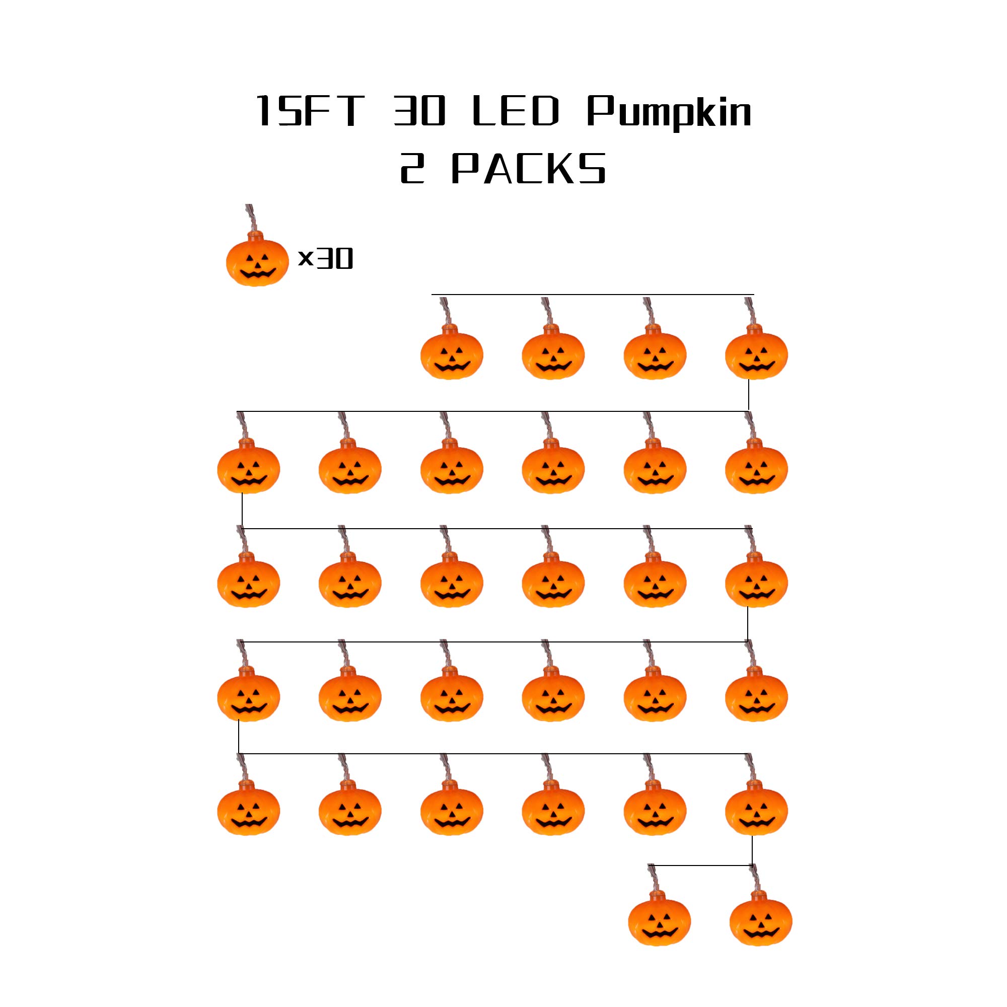 Halloween Pumpkin Lantern String Lights - 2 Packs 15 Ft 30 LED Jack-O-Lantern Pumpkin Light, Outdoor Waterproof Battery-Powered, Pumpkin Halloween Decorations for Patio, Garden, Yard, 8 Modes