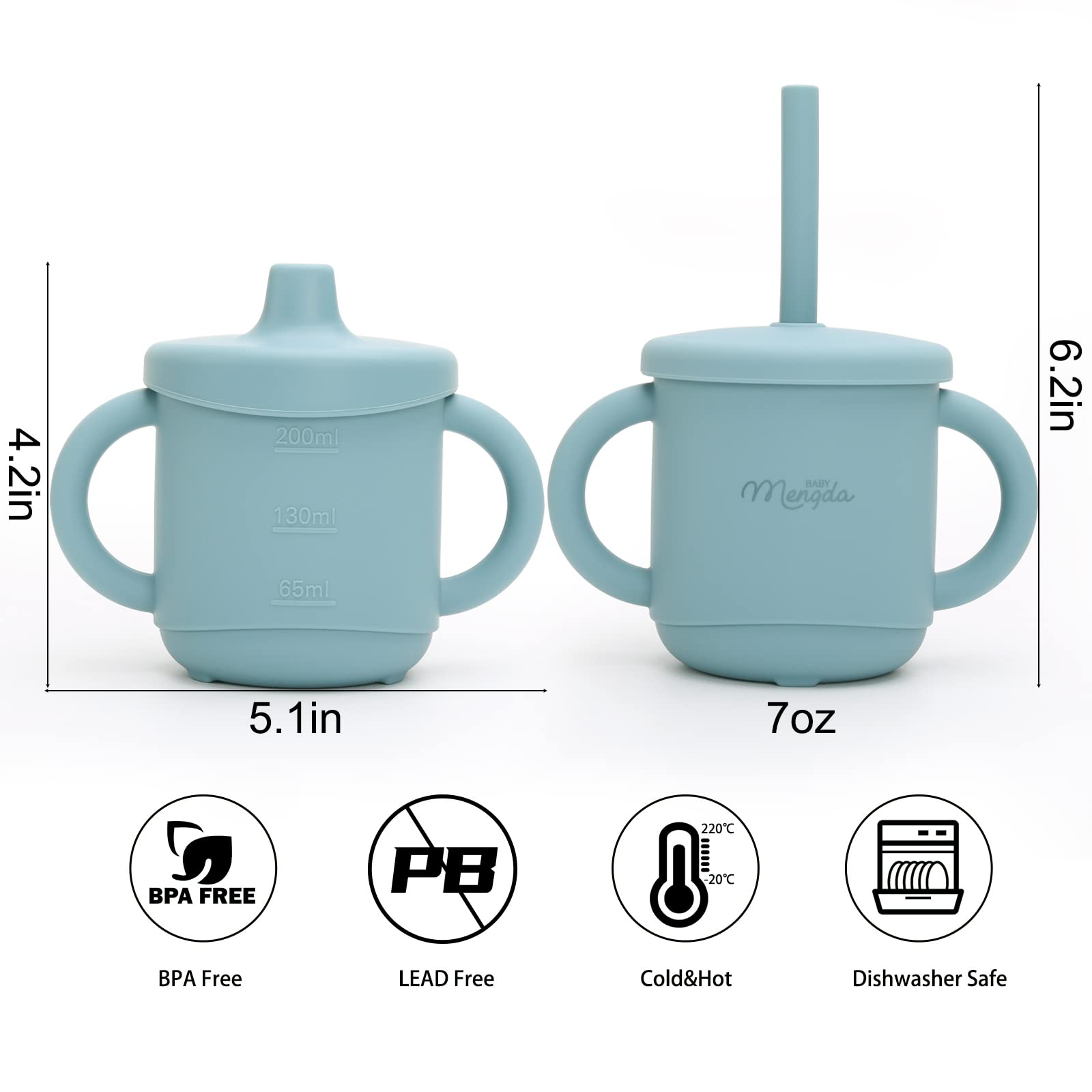 Mengdababy Sippy Cup for Toddler, Silicone Straw Cup for Baby 1+ Year Old, 3 in 1 Kids Cup with Two Easy Grip Handles, Dishwasher & Microwave Safe | BPA Free 7oz Blue