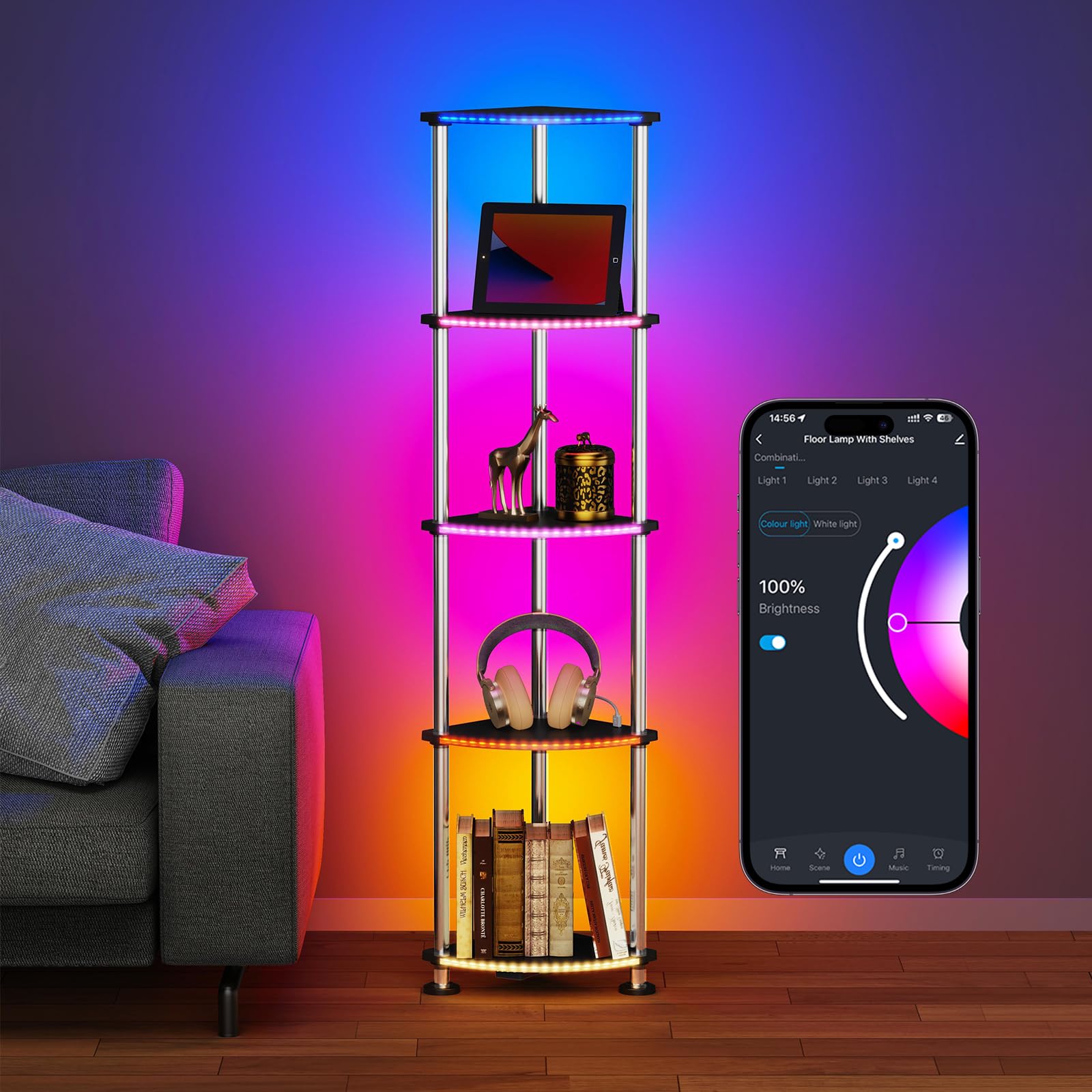 HODELVJU Floor Lamp with Shelves Corner Shelf with Lights Standing Lamp with Charging Stake APP Control Music Sync Multicolor Corner Lamp for Living Room Black 5 Tier