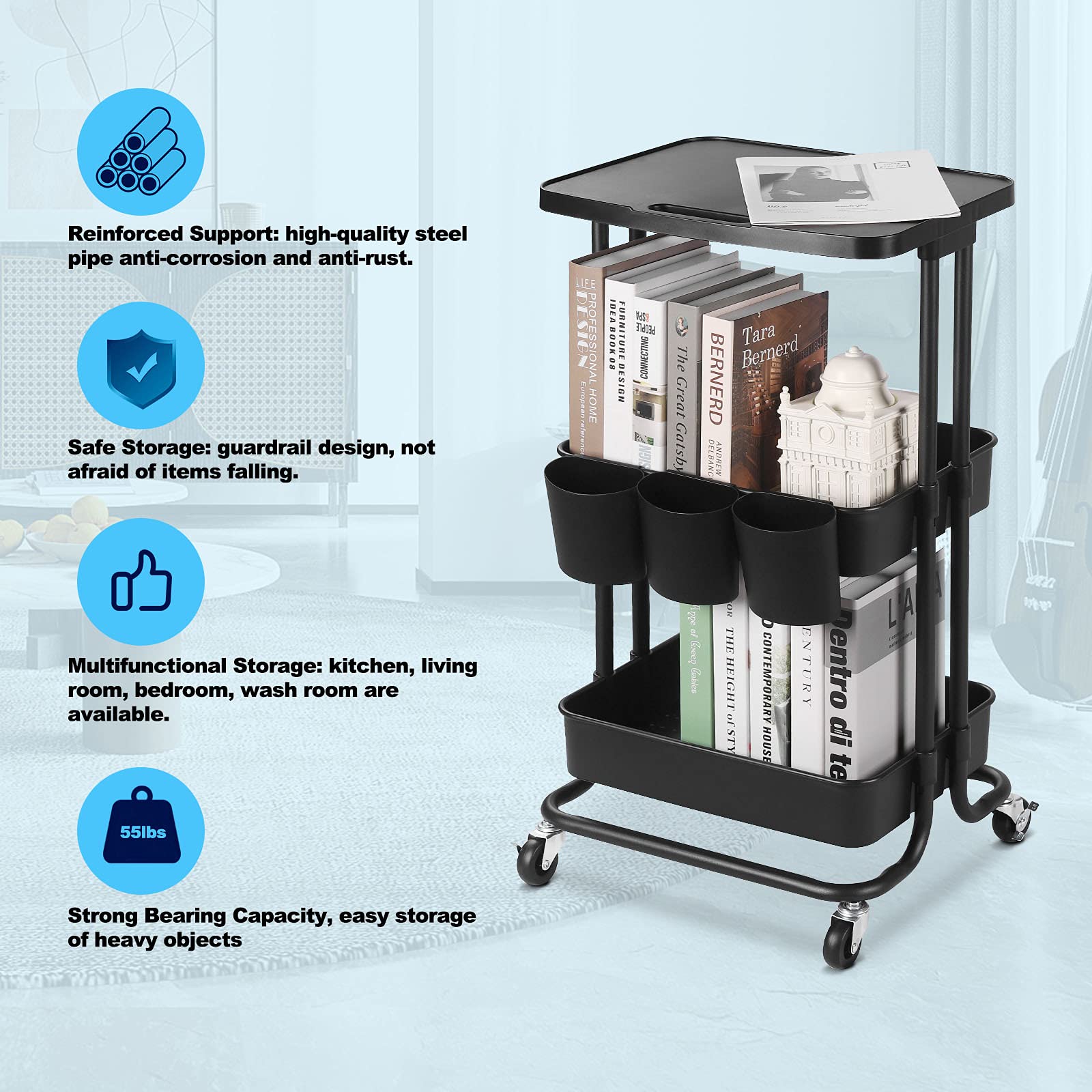 johgee Multifunctional Rolling Cart, Black, Portable, Sturdy, 17"L x 12.6"W x 29.5"H