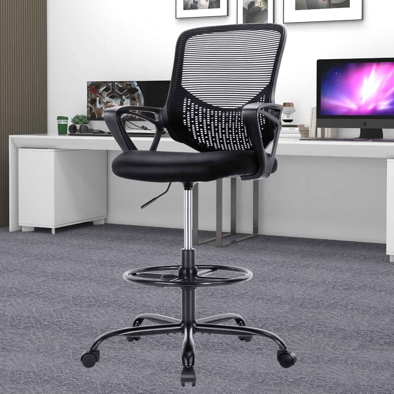 HOMEFLA Drafting, Tall Office, High Adjustable Ergonomic Mesh Computer Task Chairs with Lumbar Support, Armrests and Foot-Ring for Bar Height Desk, 28" D x 19" W x 47" H, Black