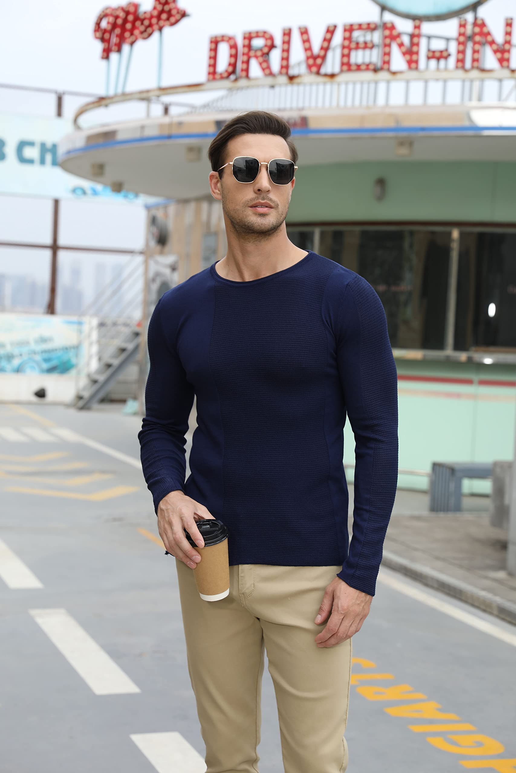 KELLORENA Men's Muscle T Shirts Stretch Long Sleeve Workout Tee Casual Slim Fit Gym Athletic T Shirts for Men Navy Blue