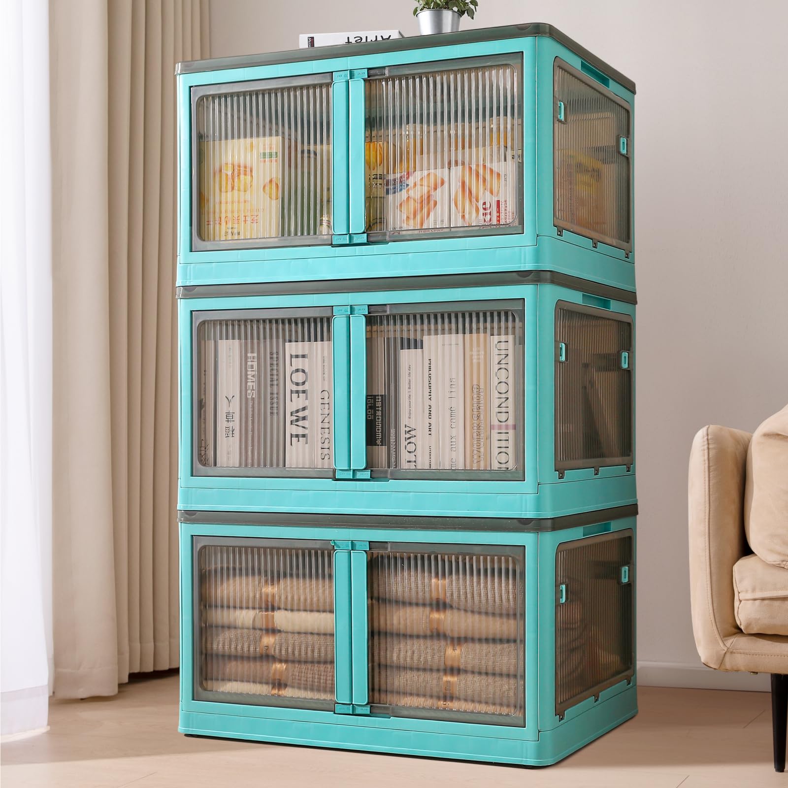 Homeforce Collapsible Storage Bins 3 Tier 23 Gal Each- Plastic Stackable Storage Bins with Lids and Wheels, 261 Quart/ 69 Gal Large Foldable Organization and Storage Box for Home and Office, Blue