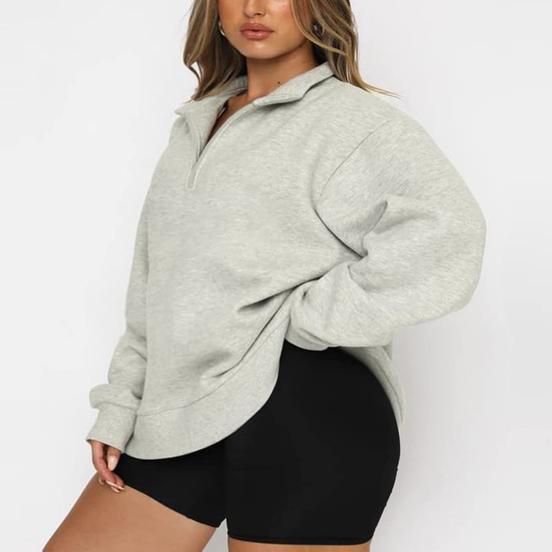 IN'VOLAND Women's Long Sleeves 1/4 Half Zip Sweatshirts Oversized Drop Shoulder Solid Color Pullover Grey