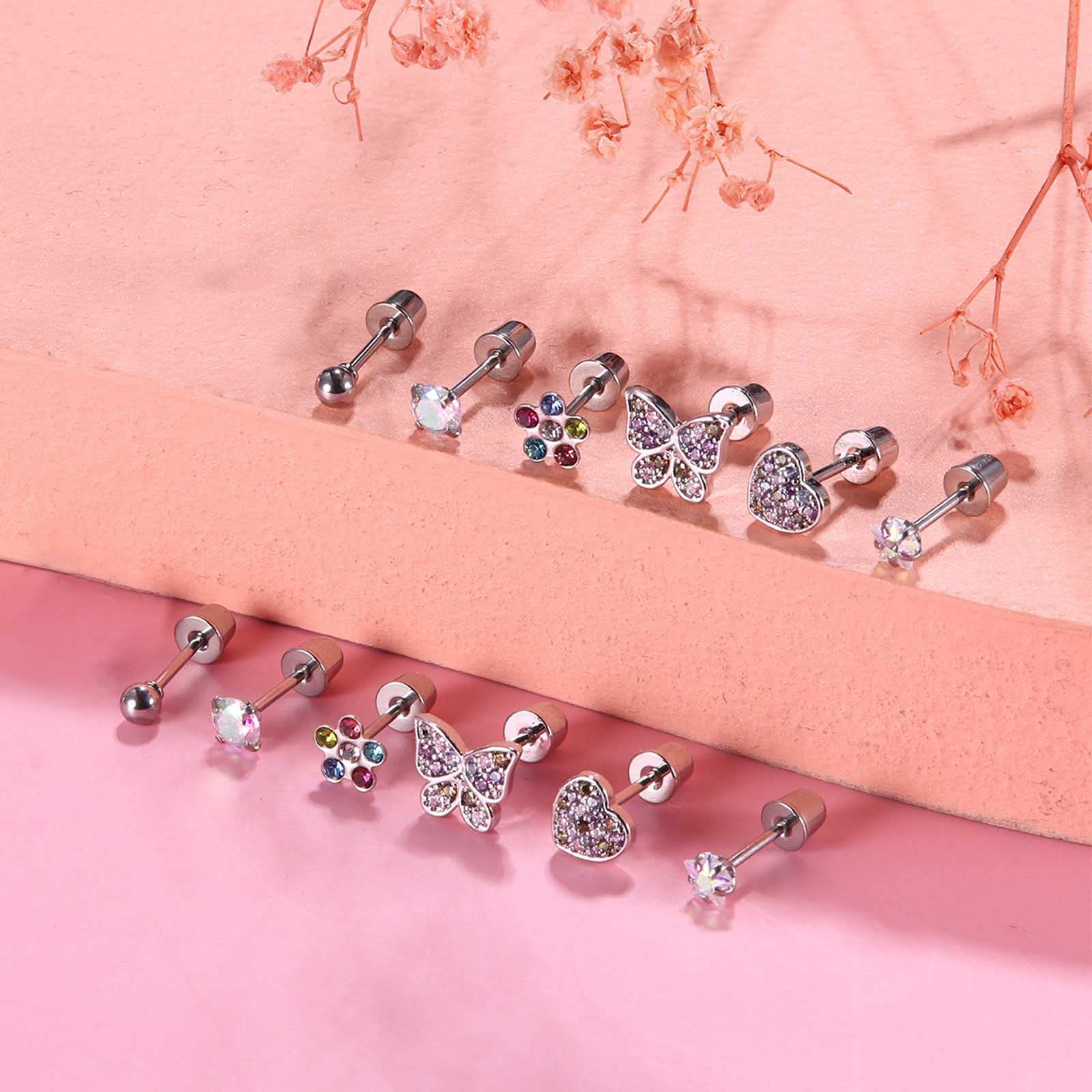 Jstyle 6 Pairs Hypoallergenic Screw Back Earrings for Women 316L Stainless Steel Stud Screwback Earrings Cute Tiny Pearl Heart Flower CZ Stud Earrings Set Multicolored Tone