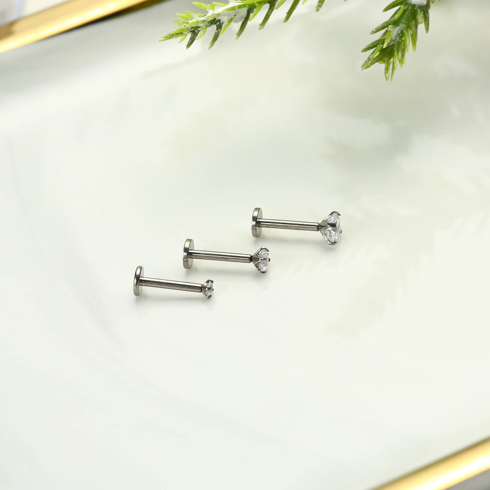 Implant Grade G23 Titanium Lip Studs 2mm 3mm 4mm 3Pcs Cubic ZirconiaBall Labret Monroe Lip Rings Set 16G 8mm10mm Helix Nail Cartilage Tragus Threadless Pushin Flat Back Nose Stud Ring Earring