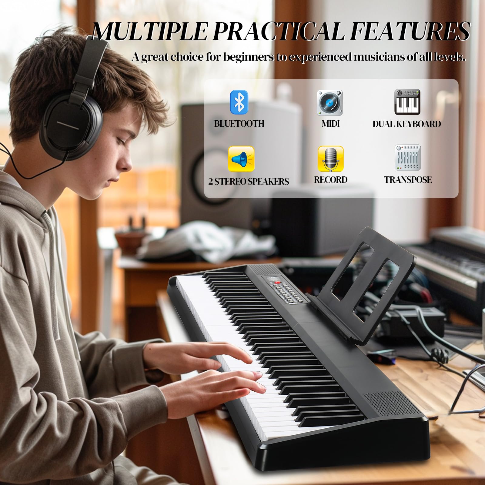 Ktaxon 61 Key Foldable Electronic Keyboard Piano, Semi-Weighted Electric Piano Digital Piano with Dual Bluetooth Mode and 5W Stereo Speaker and Intuitive Function