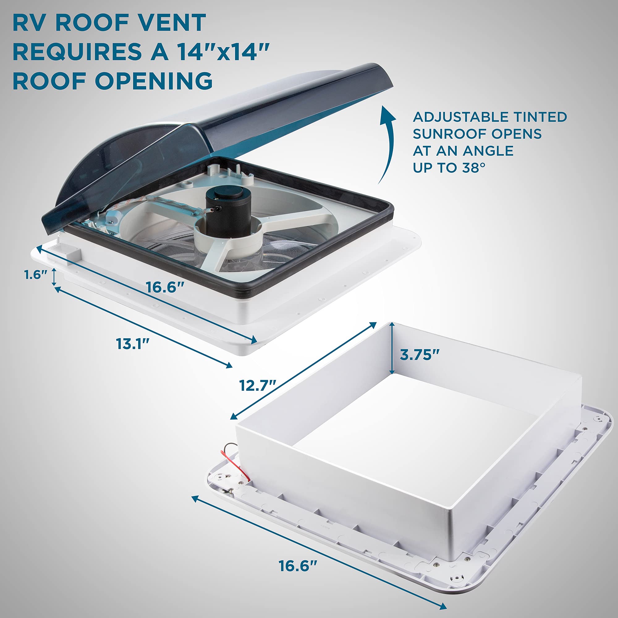 Hike Crew 14β RV Roof Vent Fan | 12V 3-Speed Intake & Exhaust 12V Camper Fan | Manual Open/Close | Includes Screws & Garnish | Smoked Lid