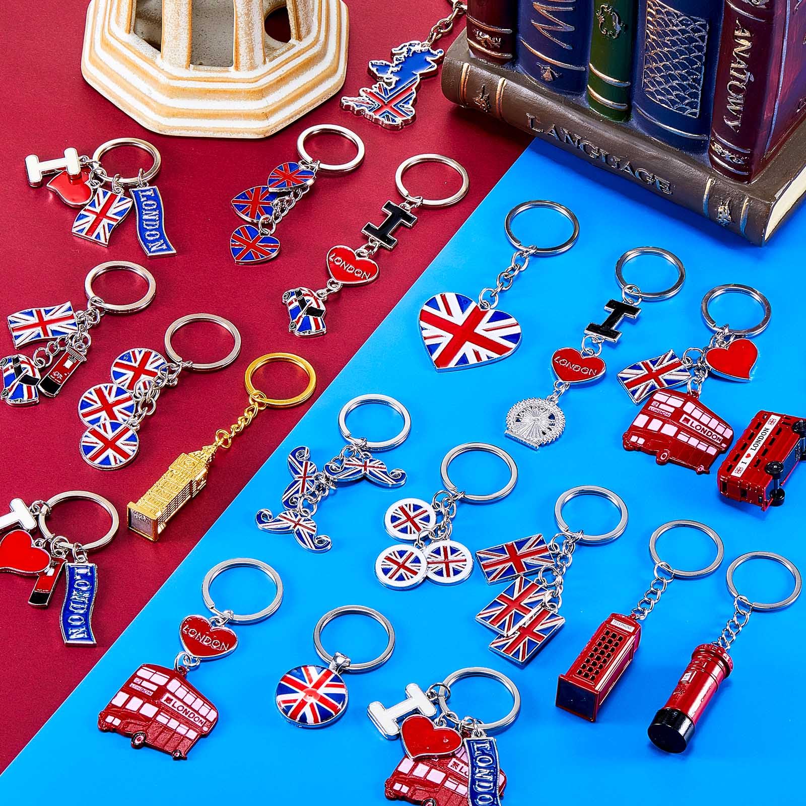 Inbagi 20 Pcs London Souvenir Keychains Bulk British Gift Key Rings for Christmas Decoration Ornaments Prize Multi Style