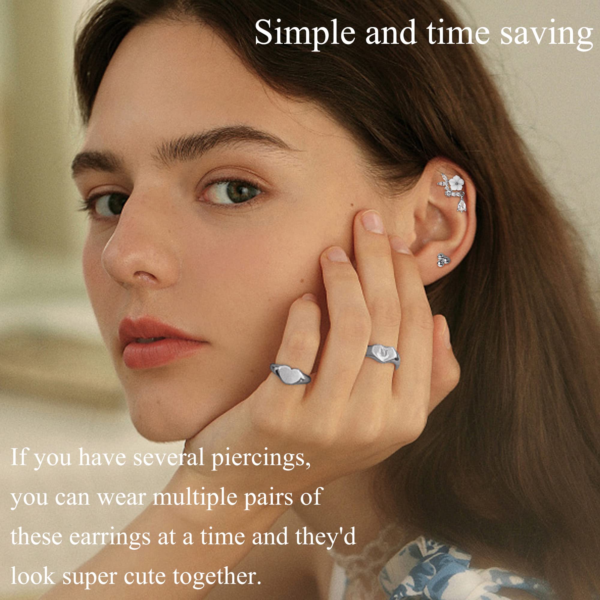 Jstyle 9 Pcs 16G Cartilage Earrings for Women 316L Stainless Steel CZ Dangle Conch Helix Tragus Flat Back Earrings Screw Back Ear Piercing Jewelry Studs
