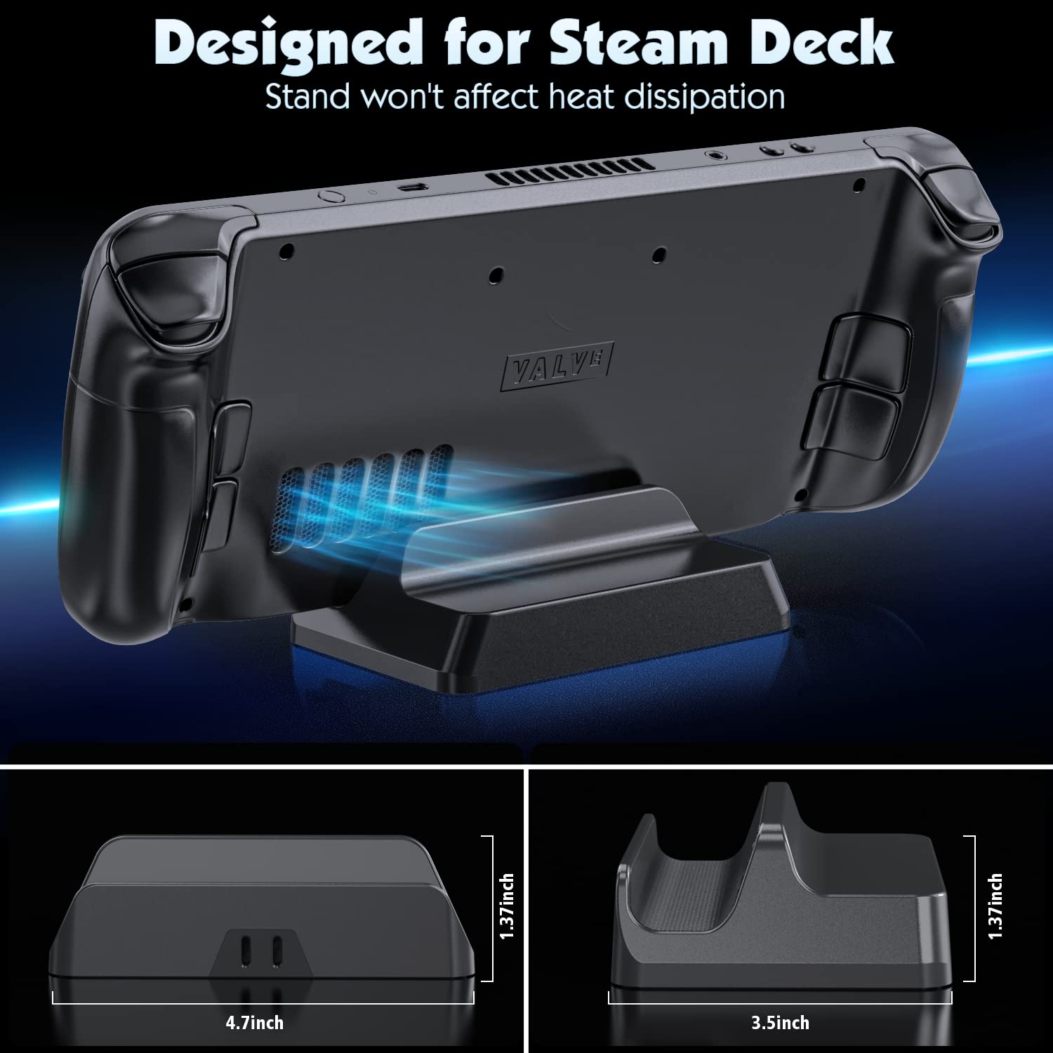 Kytok Stand for Steam Deck with 90 Degree Angle Adapters, Base Stand with Upgraded Anti-Slip Silicone Pads for Steam Deck, Accessories Holder Stand Compatible with Valve Steam Deck Dock- Black
