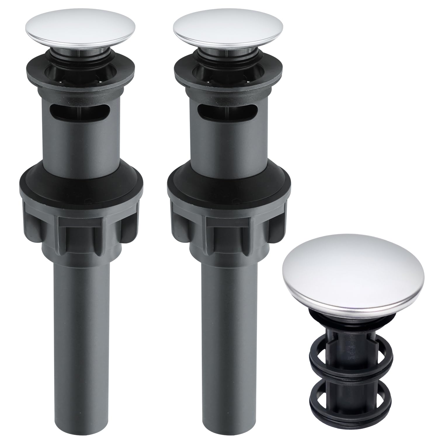 iFealClear 2 Pack Pop Up Drain Stopper with Overflow, Push and Seal Pop Up Drain Stopper for Faucet Vessel, Anti-Explosion & Anti-Clogging pop up Plunger Bathroom Sink Drain Assembly, Polished Chrome