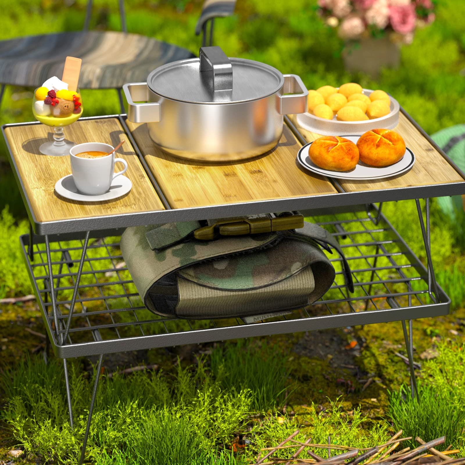 LASIEYO Foldable Multipurpose Stacking Storage Rack, Steel Folding Camping Table IGT Table Grill Table with Removable Bamboo Board Storage Bag
