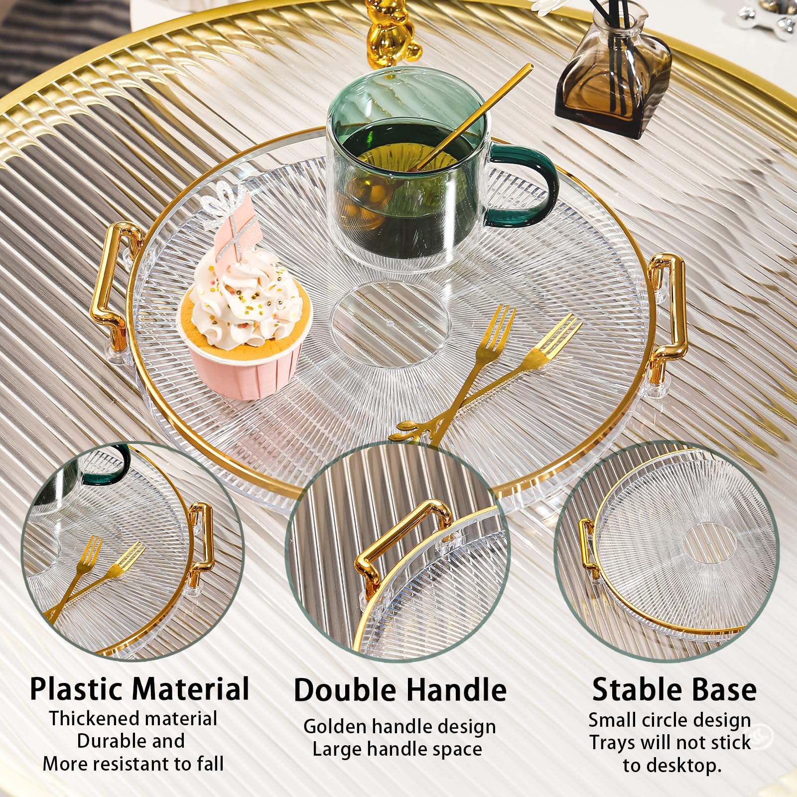 IWANGDS Round Serving Tray with Golden Handles and Golden Rim Border, Decorative Plastic Serving Tray for Living Room, Bathroom, Kitchen | Tray Decor for Party, Coffee Table, Display 10.63" (Amber)