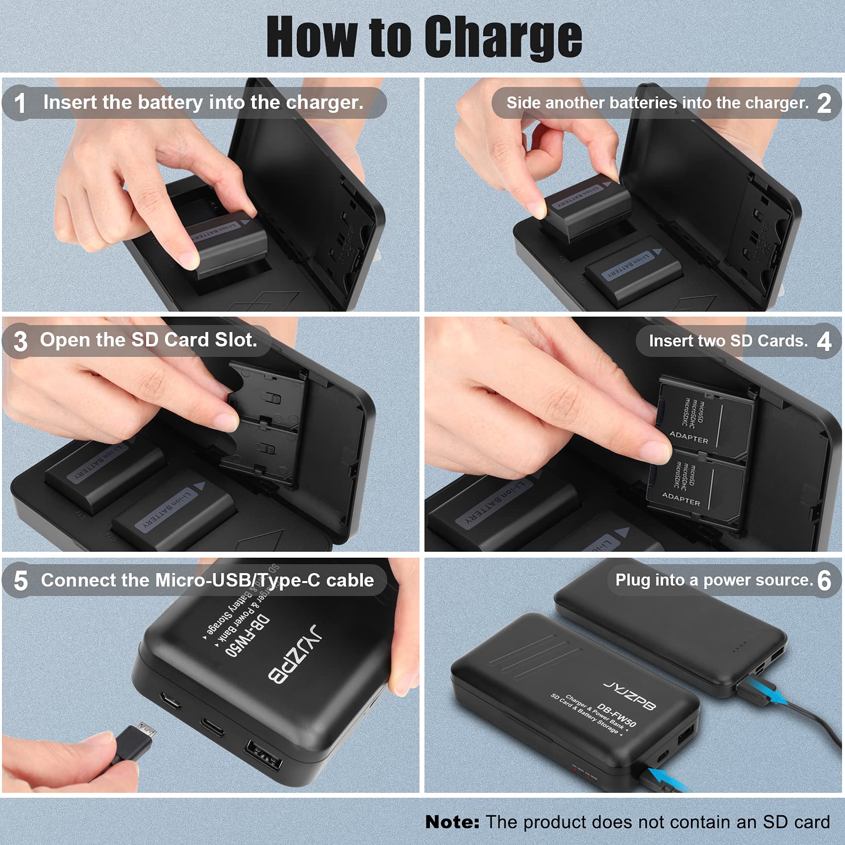 JYJZPB NP-FW50 Replacement Battery Charger Set Dual Channel Compatible for Sony Alpha A6000 A6400 A6500 A6300 A6100 ZV-E10 A7 A7II A7RII A7SII A7S A7S2 A7R A7R2 A5100, Camera Batteries Charger Case