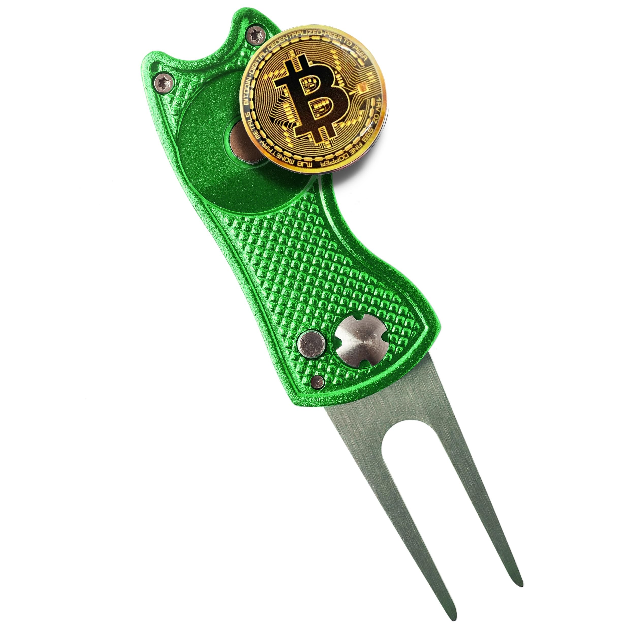 HODL 21 Bitcoin Golf Divot Repair Tool, All-Metal Golf Accessories - 3- in-1 Golf Multitool (Divot Tool, Ball Marker, Club Holder) | Foldable with with Pop-up Button & Magnetic Ball Marker