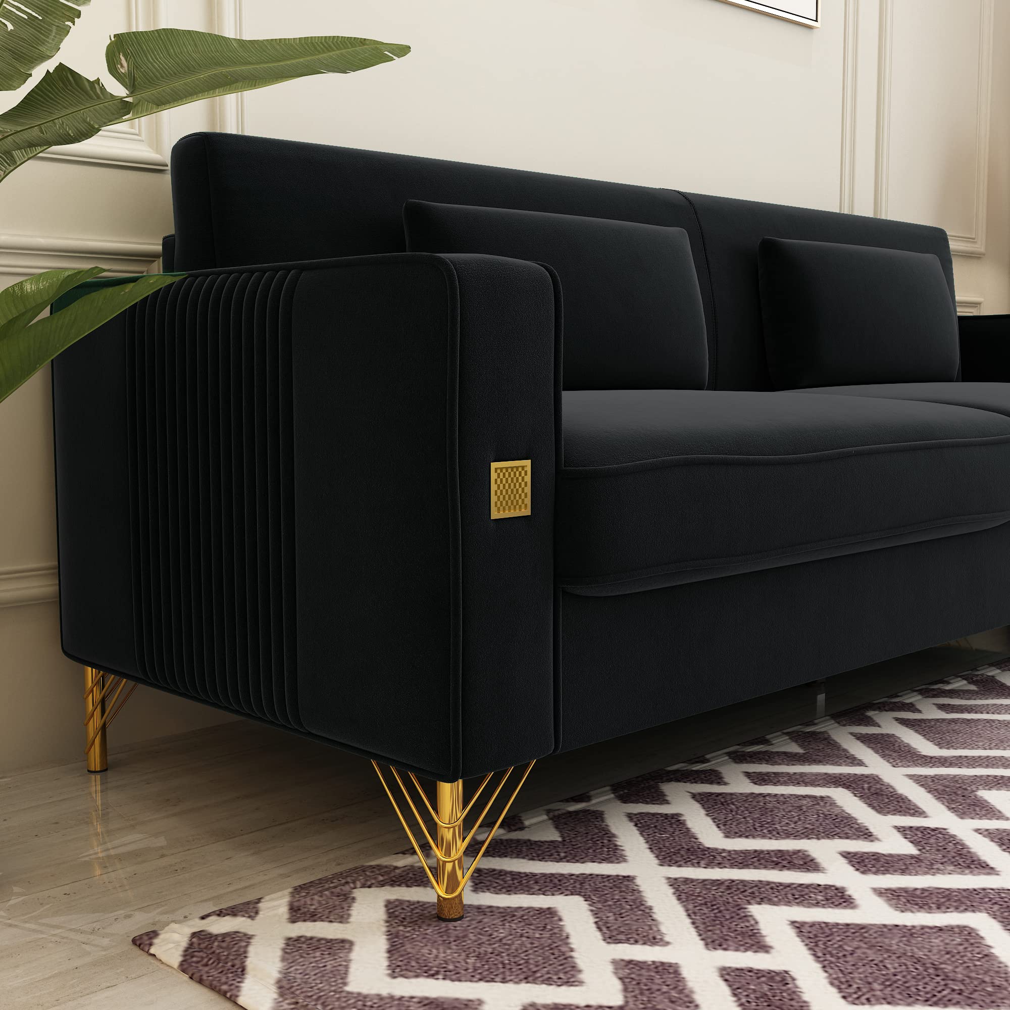 IQIAite 85" Wide Velvet Loveseat Sofa Mid Century Modern Comfy 3 Seat Couch Black Tufted Love Seat Sofas with 2 Pillows Gold Legs for Living Room Office Apartment Furniture Solid Wood Frame