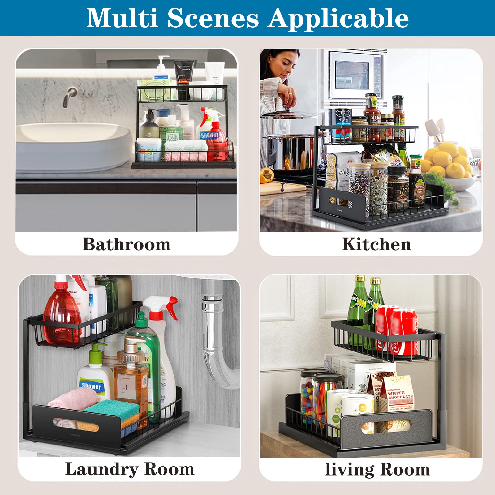 LFGKeng Under Sliding Sink Organizer, Pull Out Cabinet Drawer 2 Tier, Under Sink Shelf Organizer Rack, Under Cabinet Storage for Kitchen Spice Organizer, Bathroom Countertop Organize Baskets(Black)