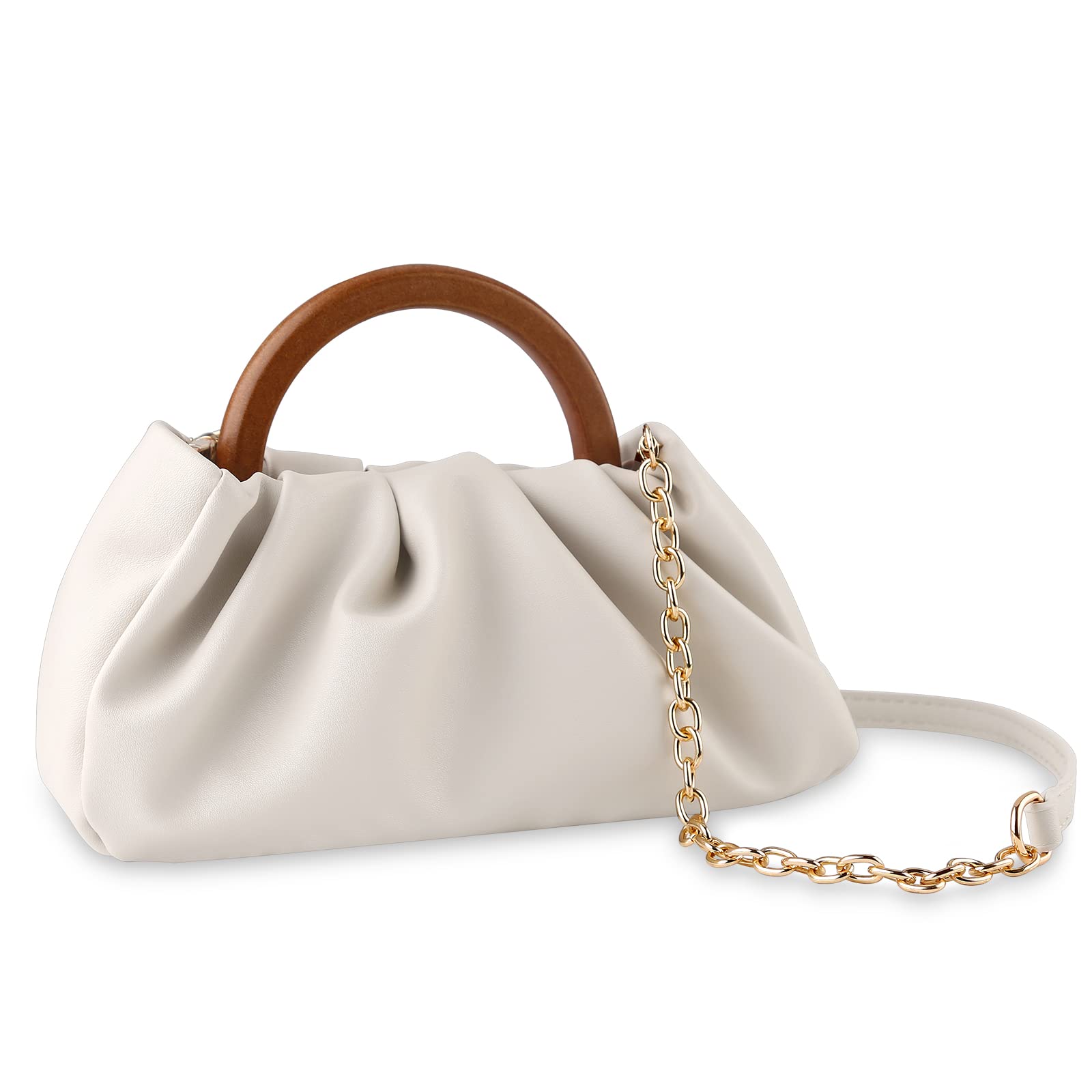 Konikit Cloud Dumpling Bag with Wooden Handle for Women, Soft Clutches Pleated Crossbody Bag, Chain Shoulder Handbag White