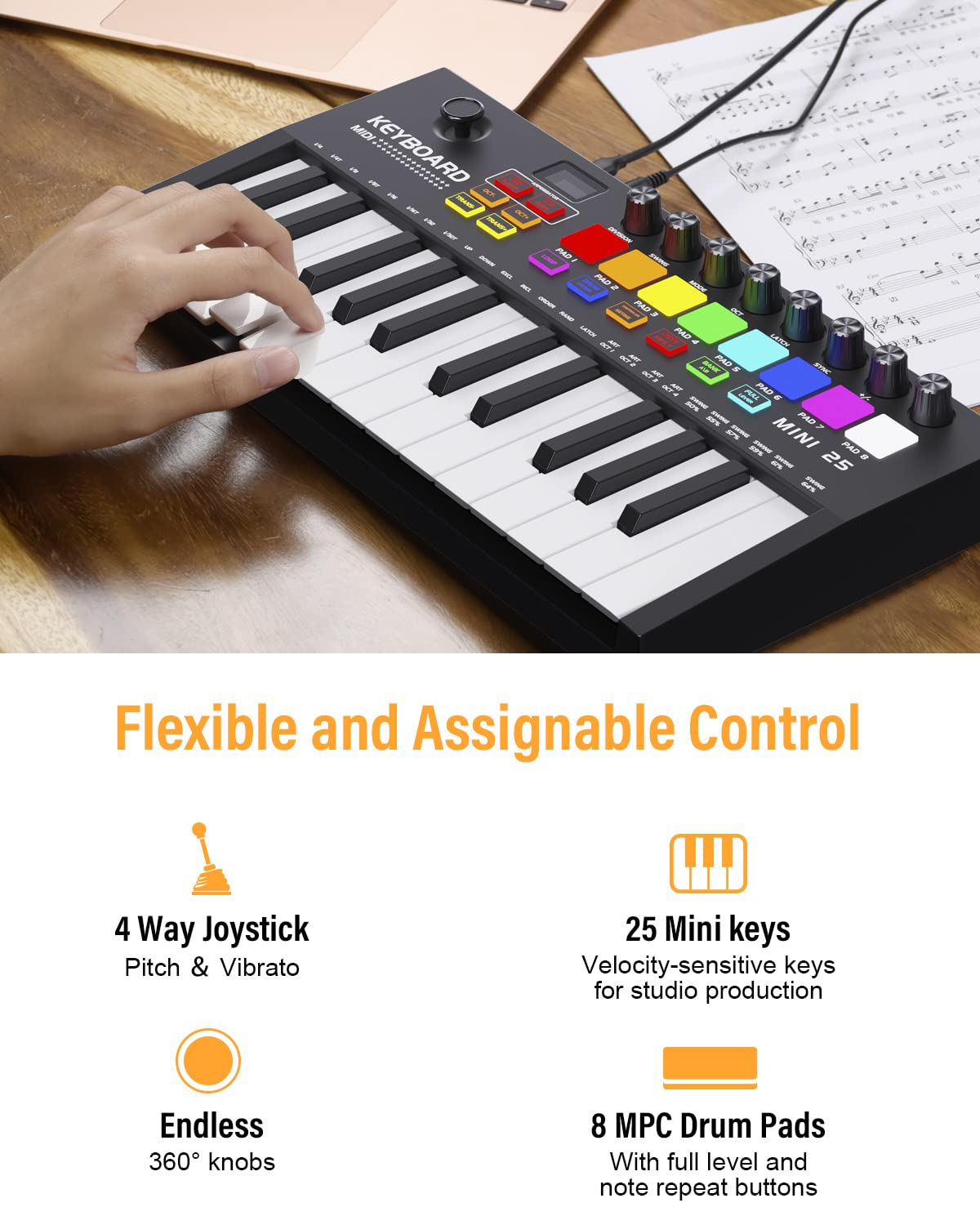KONIX MIDI Keyboard Controller 25 Key, Portable USB MIDI with Velocity-Sensitive Mini Keys & OLED Screen Display for Mac/PC, Small MIDI Keyboard with Unique LOOP Function and 8 Backlit Drum Pads