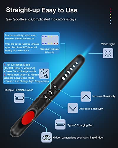 Hidden Camera Detector,Anti-spy Wireless WiFi Camera Scanner Hidden Camera Lens Finder + Door Open & Luggage Movement Alarm,3 Modes, 40 Hours Working Time